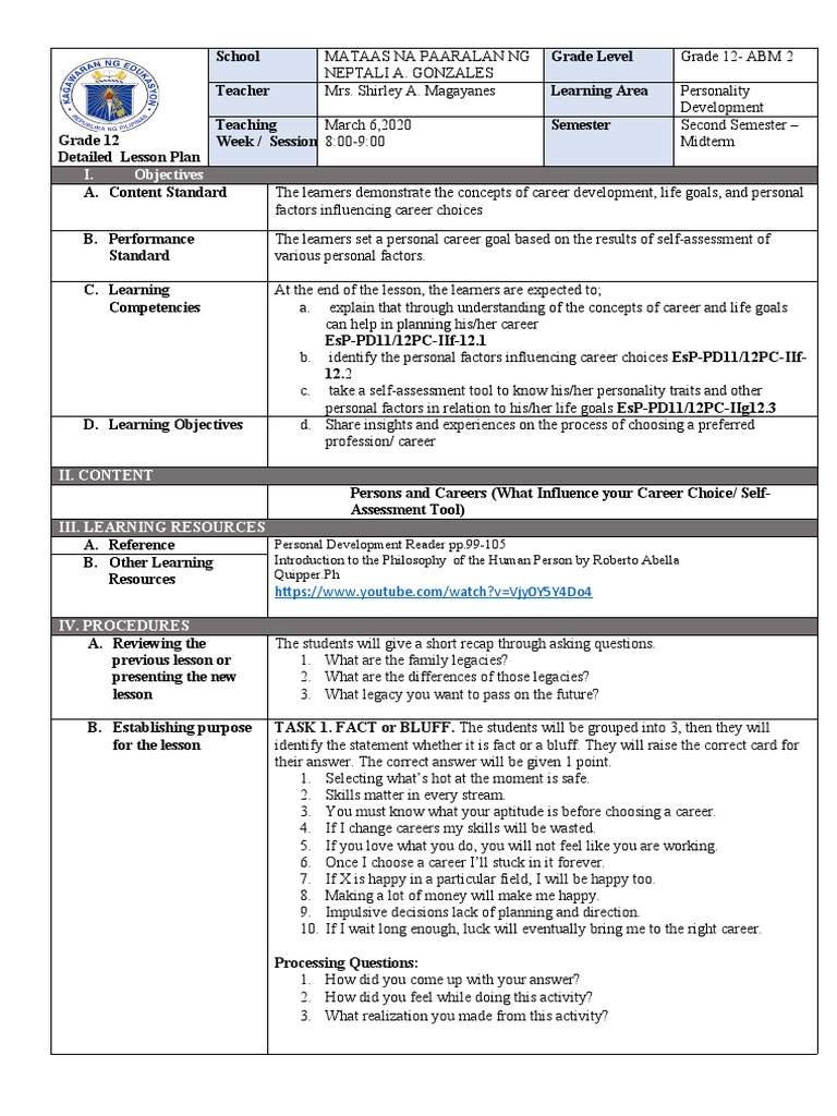 DLP_SHS-Personality-Development_Persons-and-Career | PDF | Learning | Creativity