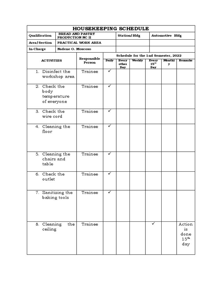TM1 - HOUSEKEEPING SCHEDULE (Maintain) | PDF | Baking | Cooking