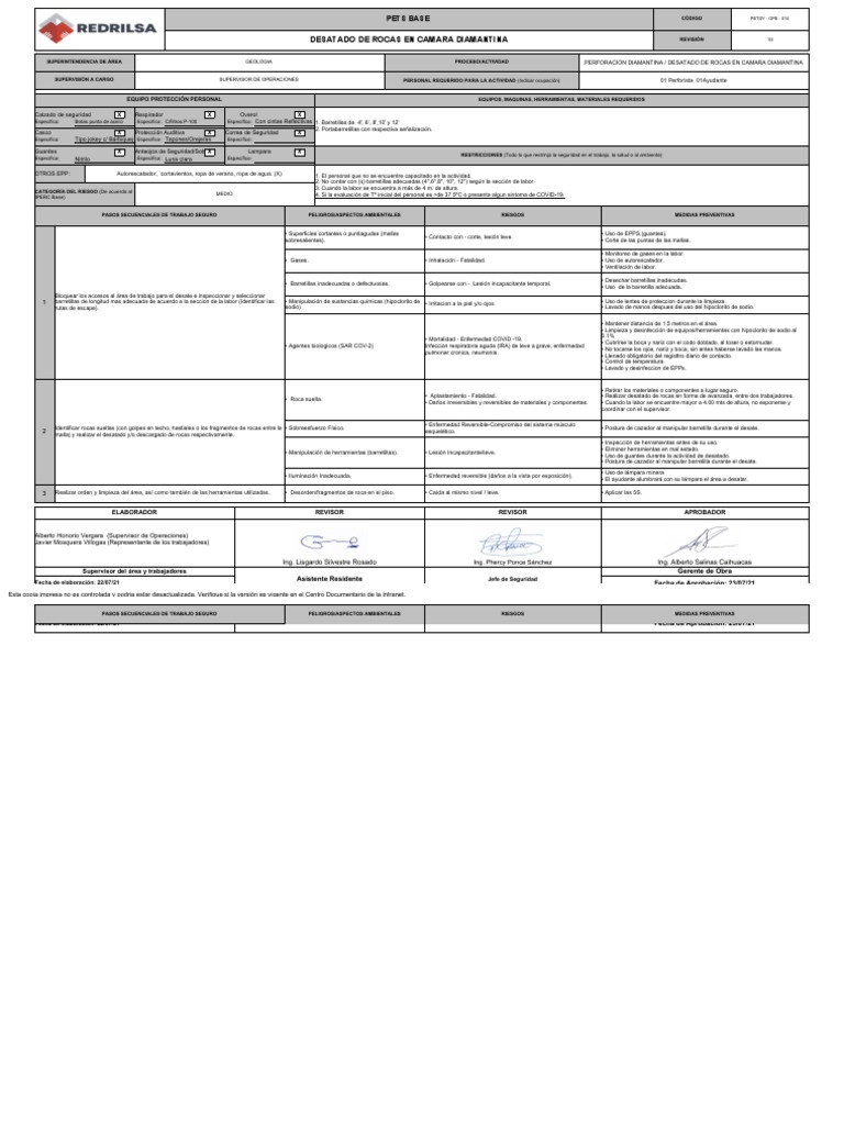 PETSY-OPE-014 Desate de Rocas en Cámara Diamantina Rev 03 | PDF