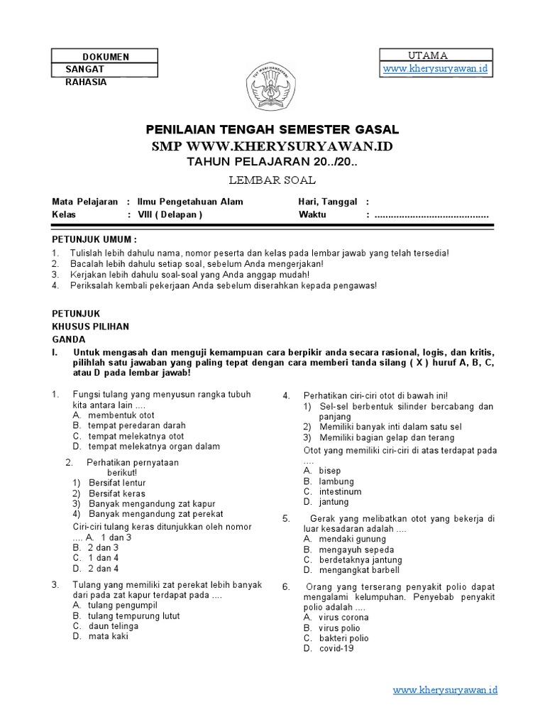 4 - Soal PTS IPA Kelas 8 SEm.1 - WWW - Kherysuryawan.id | PDF