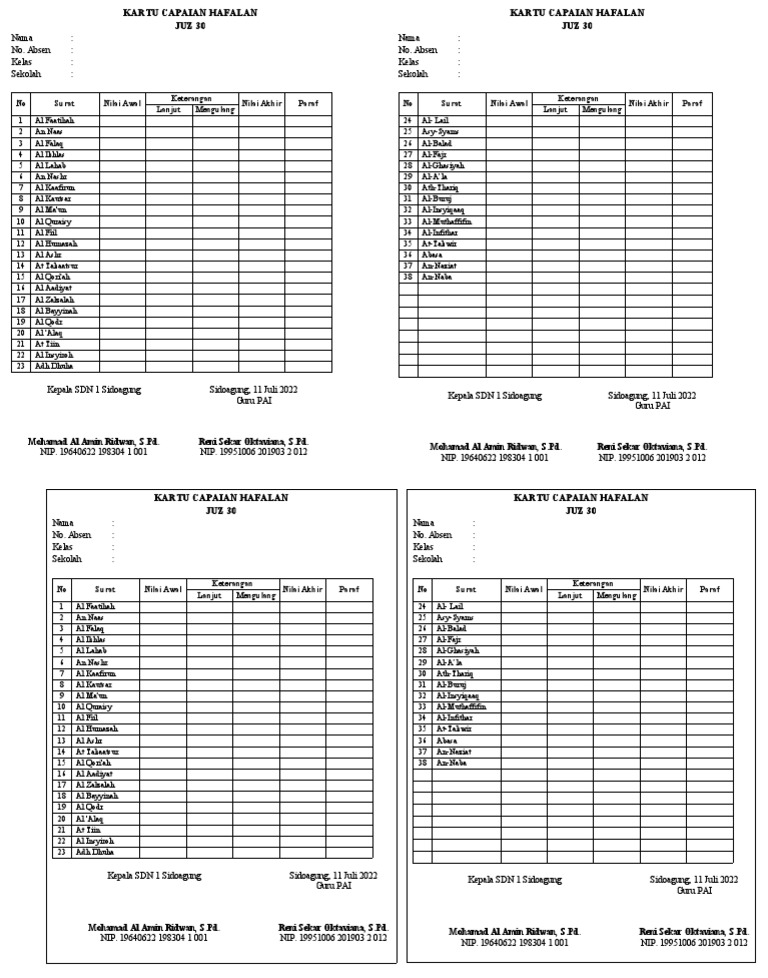 Kartu Capaian Hafalan | PDF