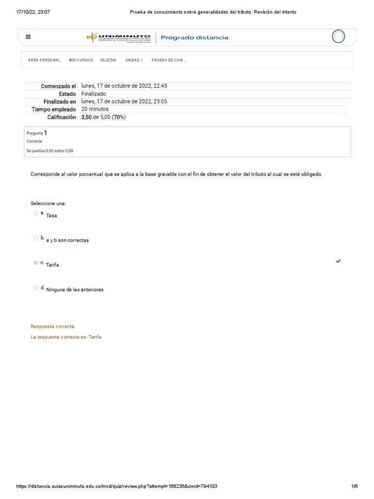 Prueba de Conocimiento Sobre Generalidades Del Tributo - Revisión Del Intento | PDF | Impuestos ...