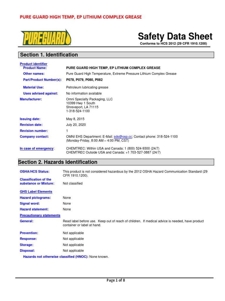 Pure Guard High Temp EP Grease US - SDS Rev 3 | PDF | Toxicity | Waste