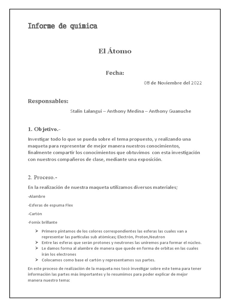 Informe Quimica Proyecto Final | PDF | Átomos | Química