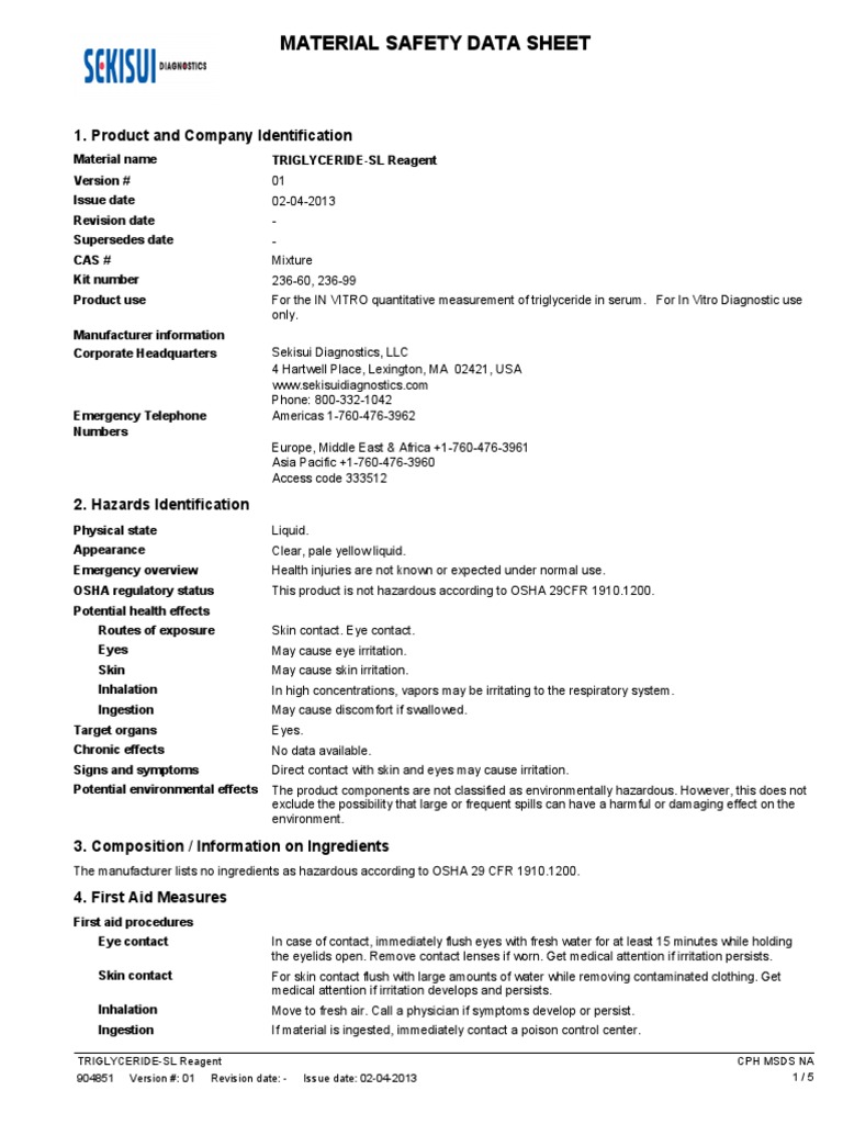 Triglyceride SL Reagent Msds | PDF | Dangerous Goods | Personal ...