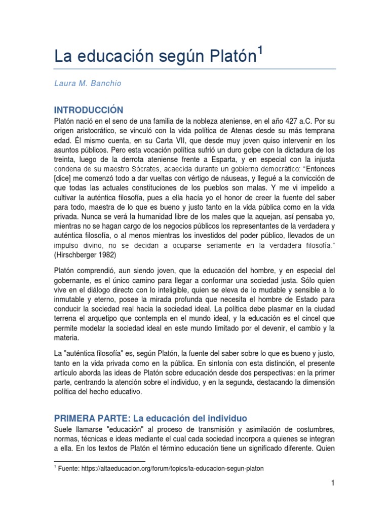 Banchio Laura La Educación Según Platón Pdf Platón Dioniso