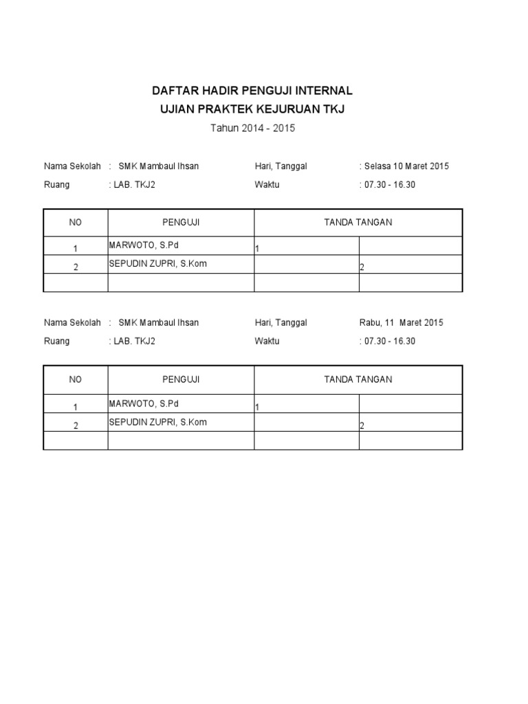 Daftar Hadir PENGUJI | PDF