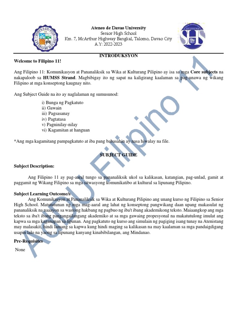FINAL Subject Guide - FILIPINO 11 - 2022 - 2023 | PDF