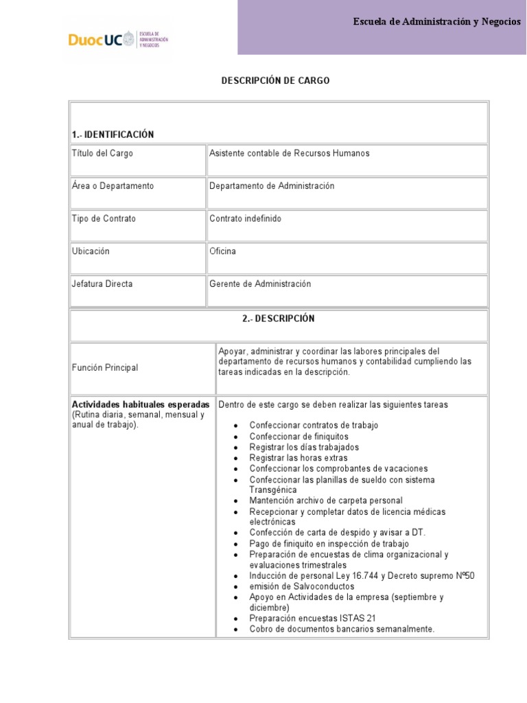 Descripción - de - Cargo - Asistente Contable de RRHH | PDF