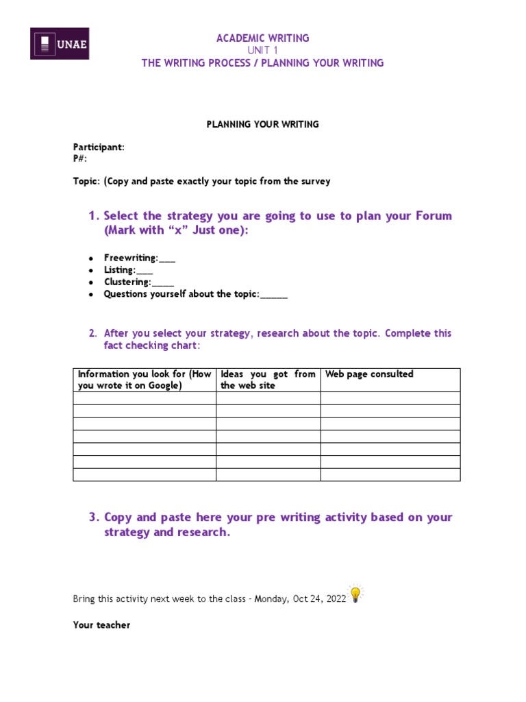 Planning Writing Template - Week 2 | PDF