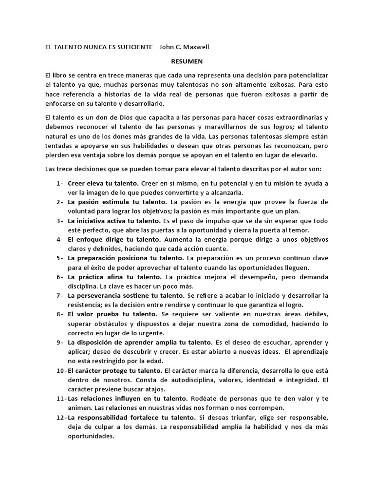 Resumen EL TALENTO NUNCA ES SUFICIENTE John C | PDF | Cognición | Ciencia cognitiva