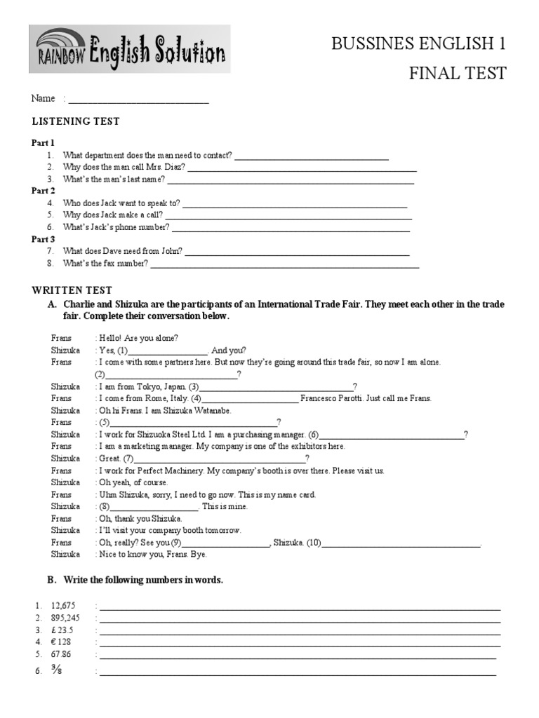 Bussiness English 1 Final Test | PDF