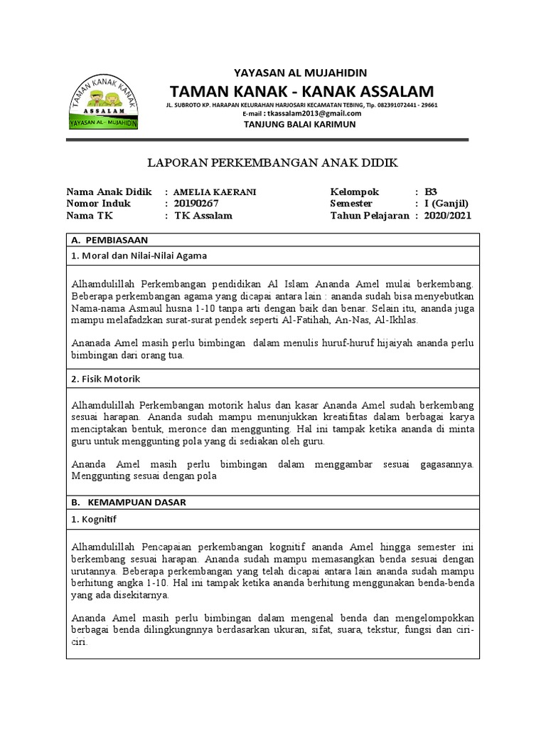 LAPORAN PERKEMBANGAN ANAK DIDIK New 2020-2021 Ana | PDF
