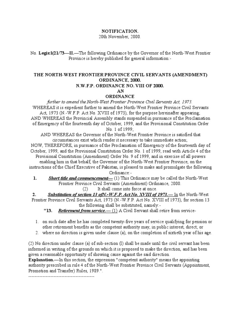The North-West Frontier Province Civil Servants Amendment) Ordinance ...