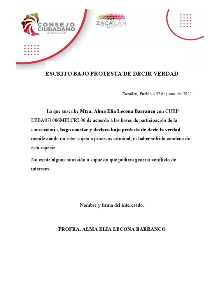 Escrito Bajo Protesta de Decir Verdad | PDF
