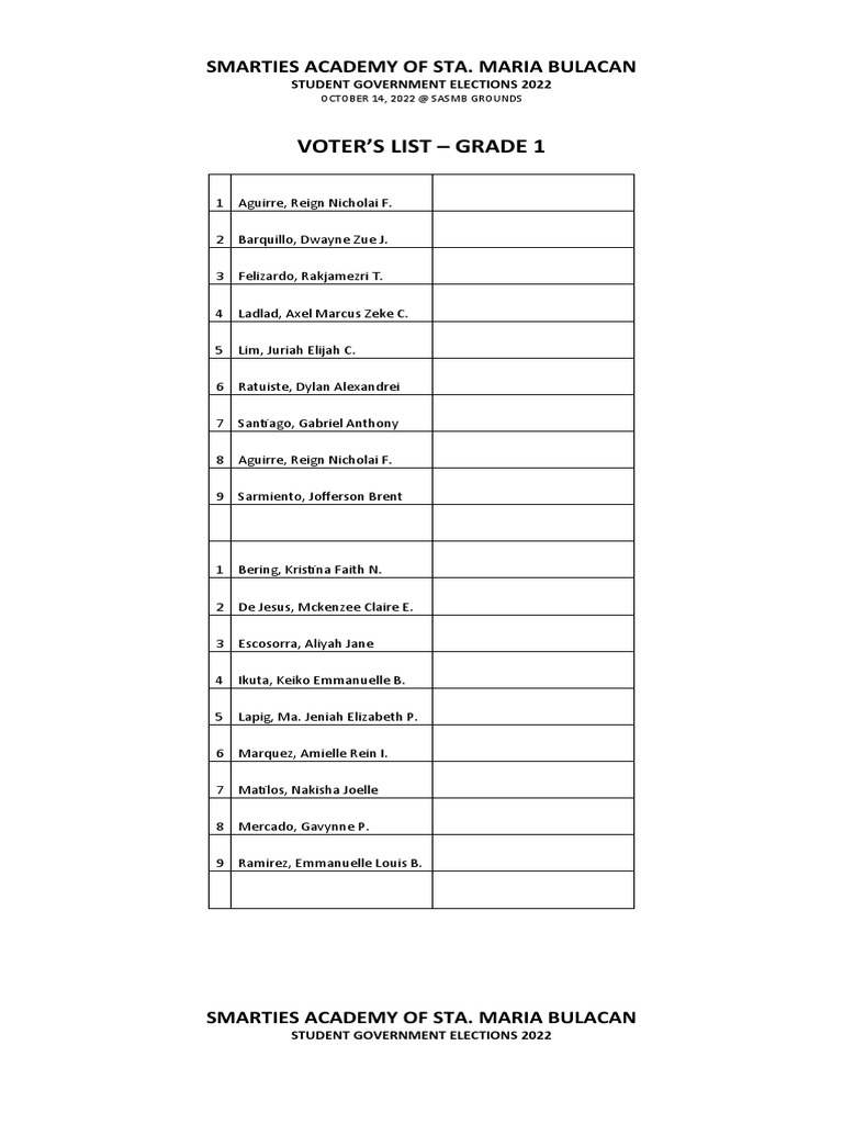 SASMB Student Government Elections Voter Lists | PDF