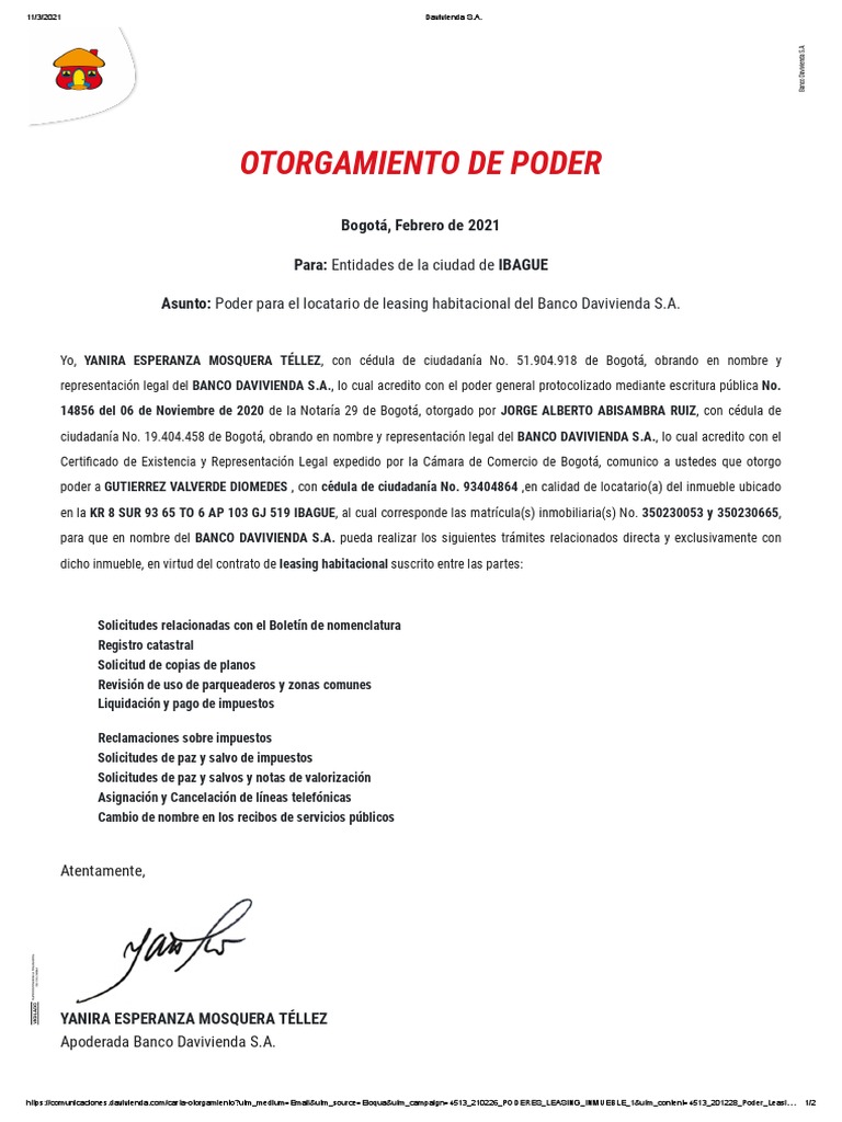 Davivienda S.A - Otorgamiento Poder | PDF