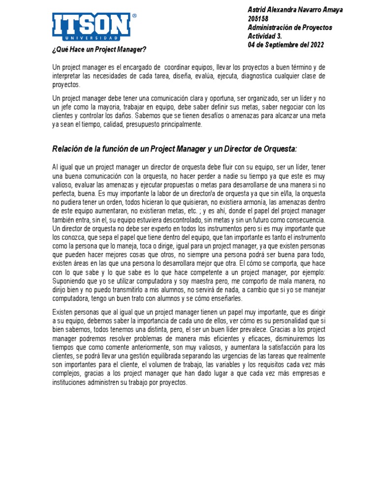 Act. 3. Que Hace Un Project Manager, Navarro Amaya 205158 | PDF