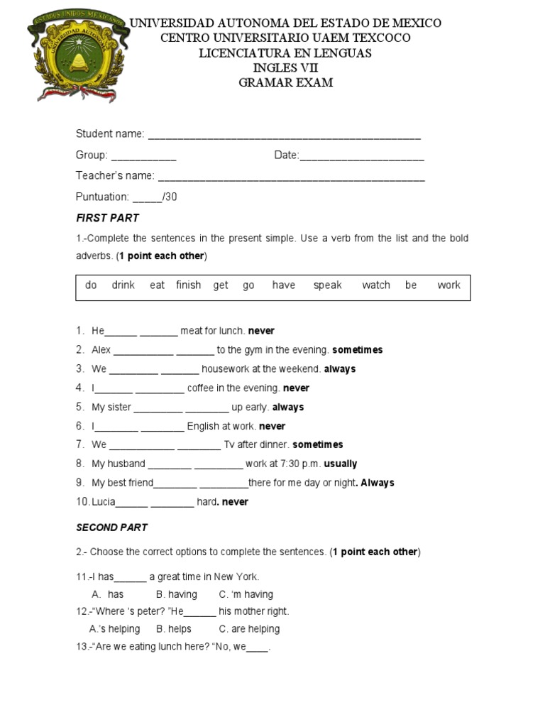 Examen de Gramatica | PDF