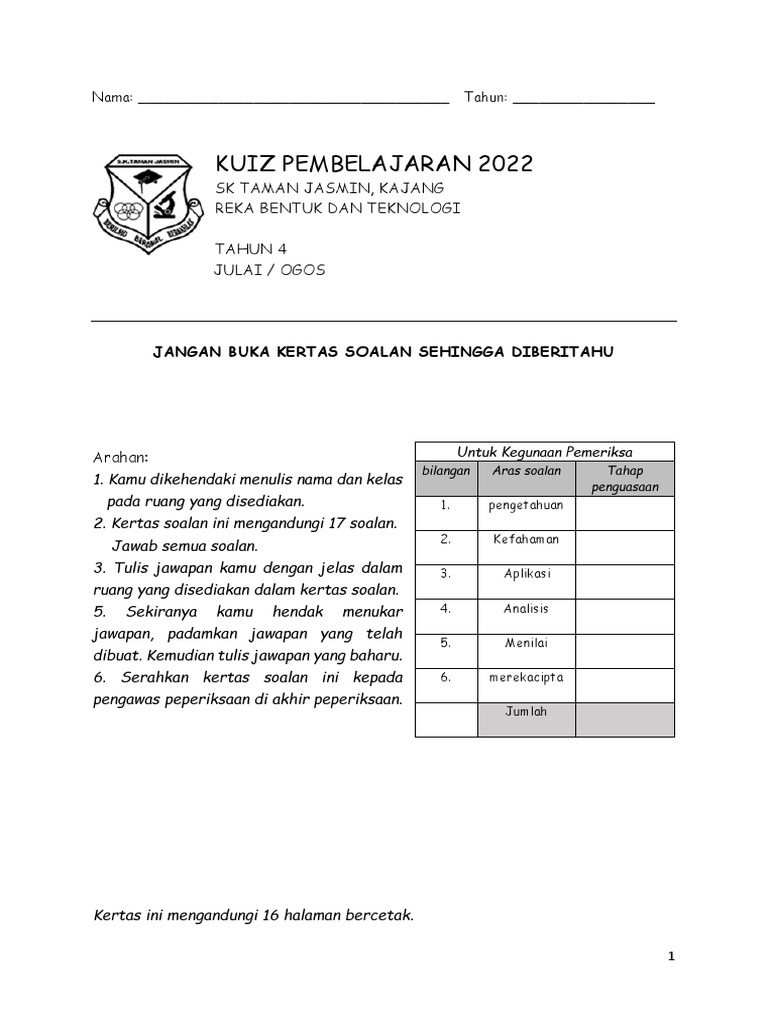 Kertas Soalan RBT TAHUN 4 | PDF