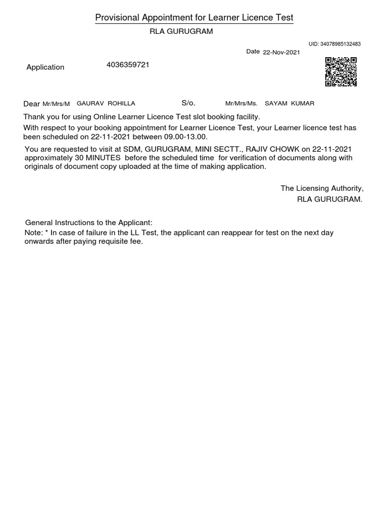 Provisional Appointment For Learner Licence Test: 22-Nov-2021 Date | PDF