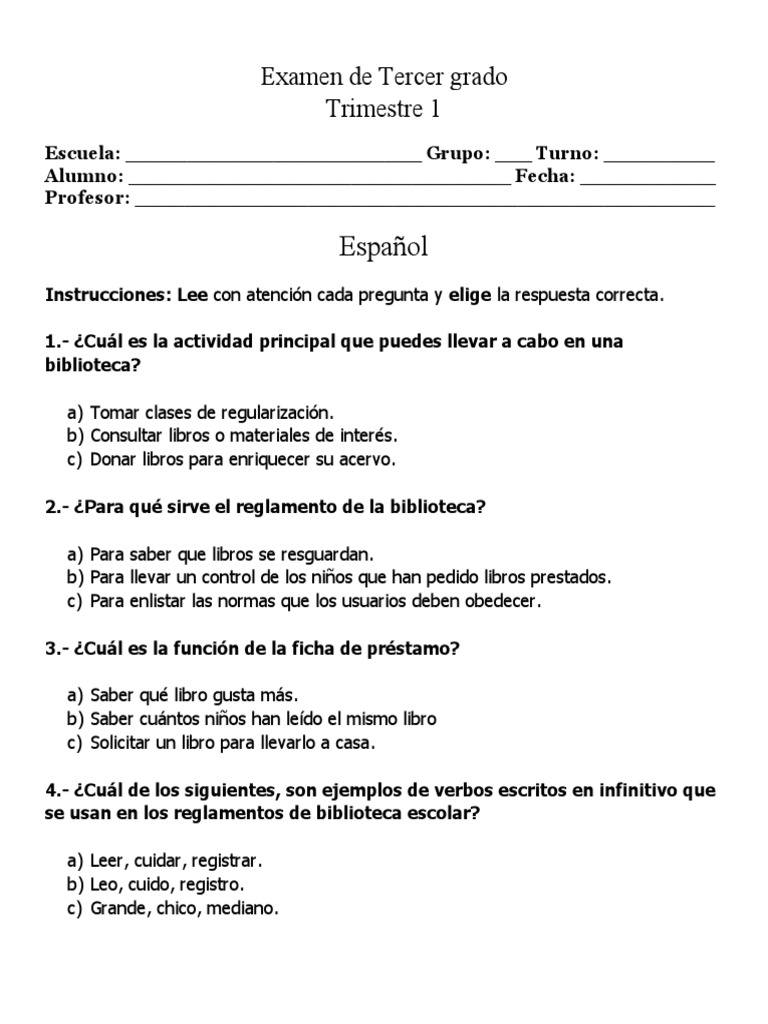 Examen de Tercer Grado Trimestre 1 | PDF