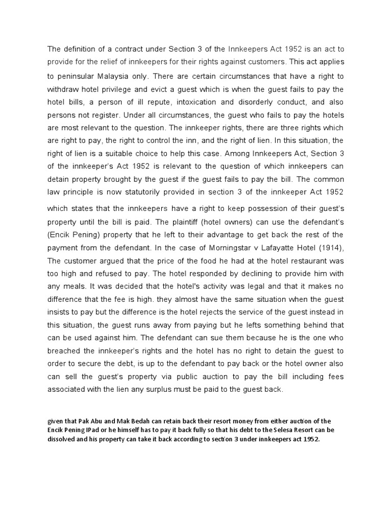 Innkeepers Act 1952: Rights and Liens | PDF | Inn | Lien