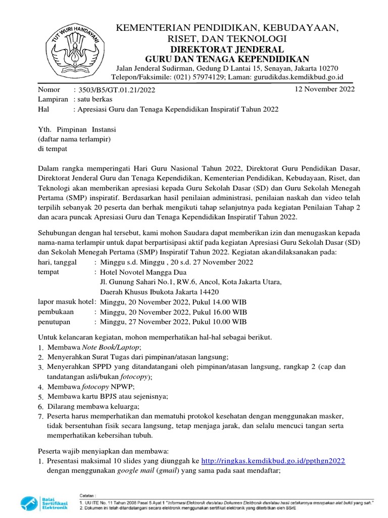 Surat Izin dan Tugas untuk Peserta Apresiasi Guru dan Tenaga Kependidikan Inspiratif Tahun 2022 ...