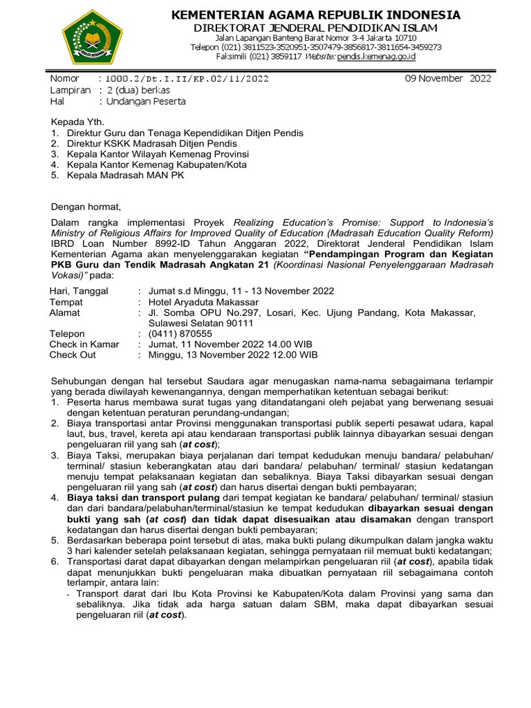 Undangan Peserta Pendampingan Program Dan Kegiatan PKB Guru Dan Tendik Madrasah Angkatan 21 | PDF