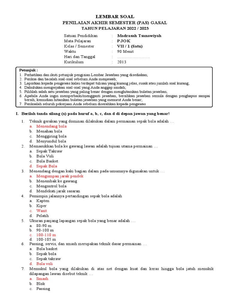 Soal PAS PJOK KLS 7 | PDF