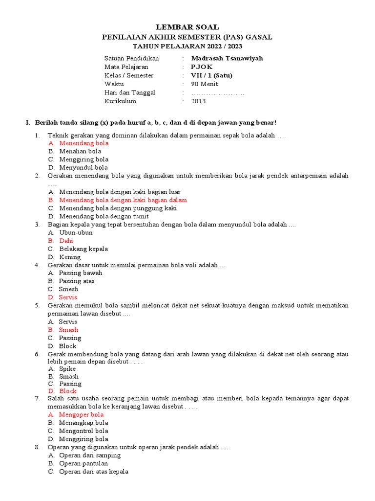 Soal PAS PJOK KLS 7 (Revisi) | PDF | Olahraga & Rekreasi