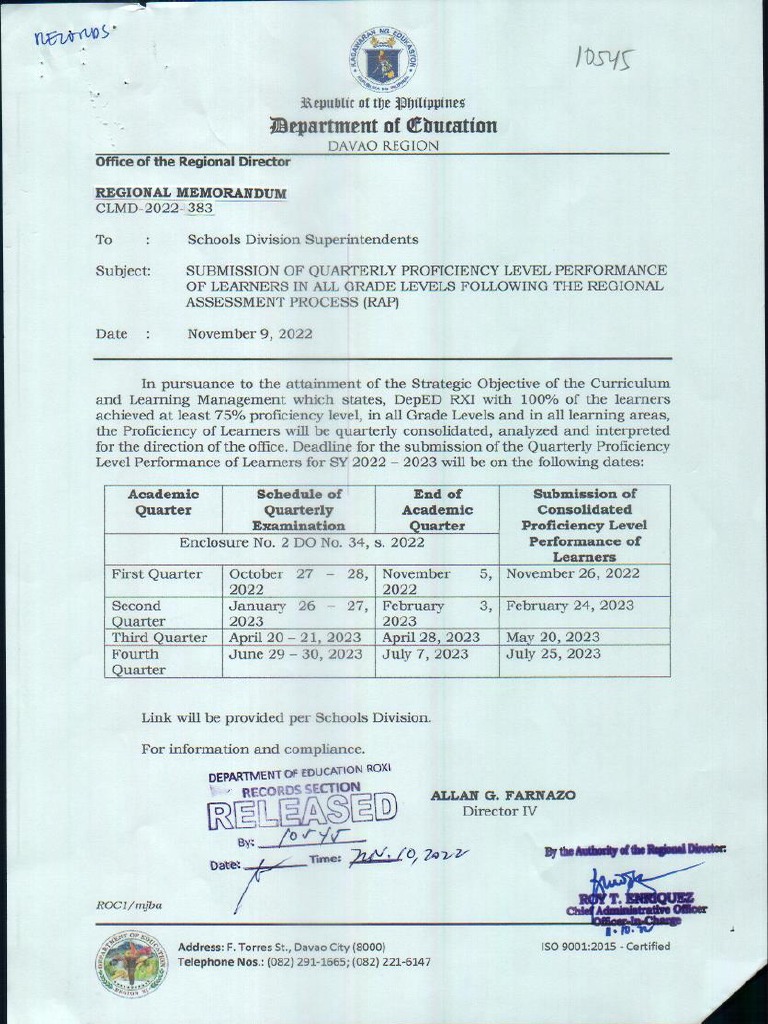 RM CLMD 2022 383 Submission of Quarterly Proficiency Level Performance ...