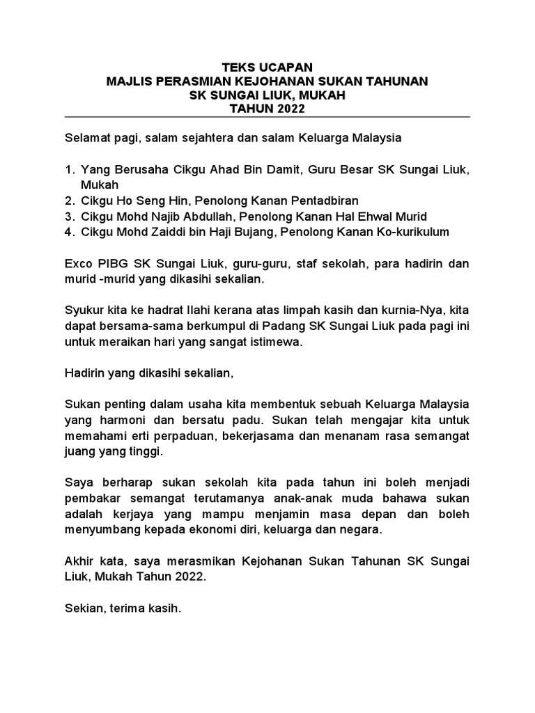 Teks Ucapan Perasmian Hari Sukan Pdf