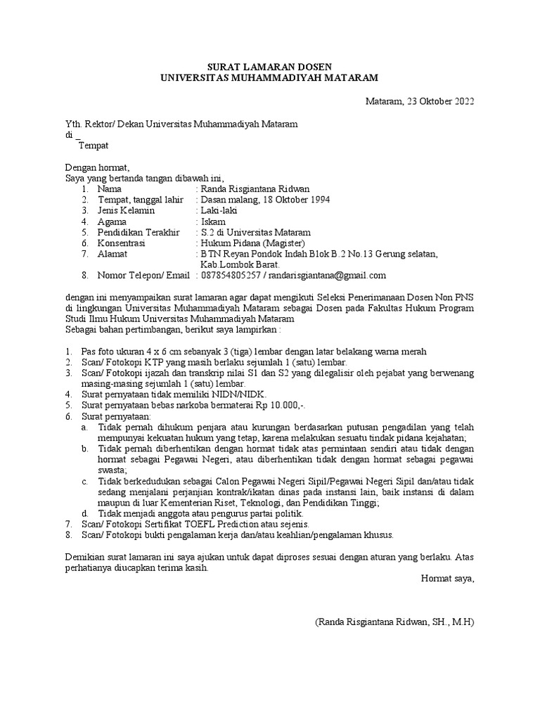 Surat Lamaran Dosen Universitas Mataram | PDF | Hukum