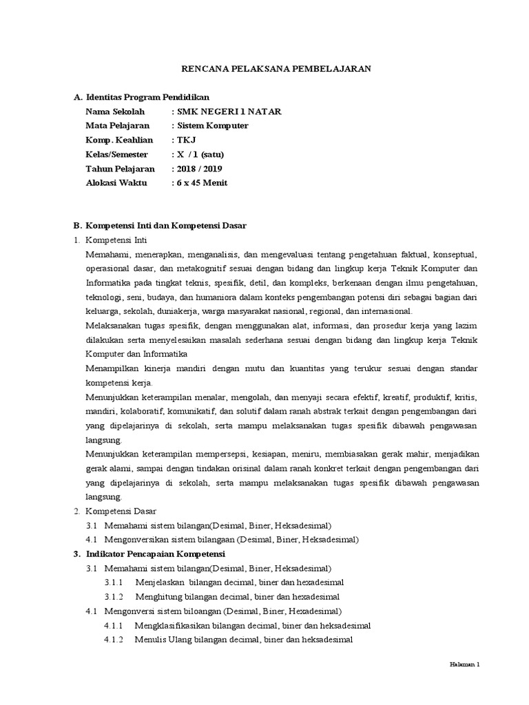 RPP Sistem Komputer KELAS X TKJ | PDF