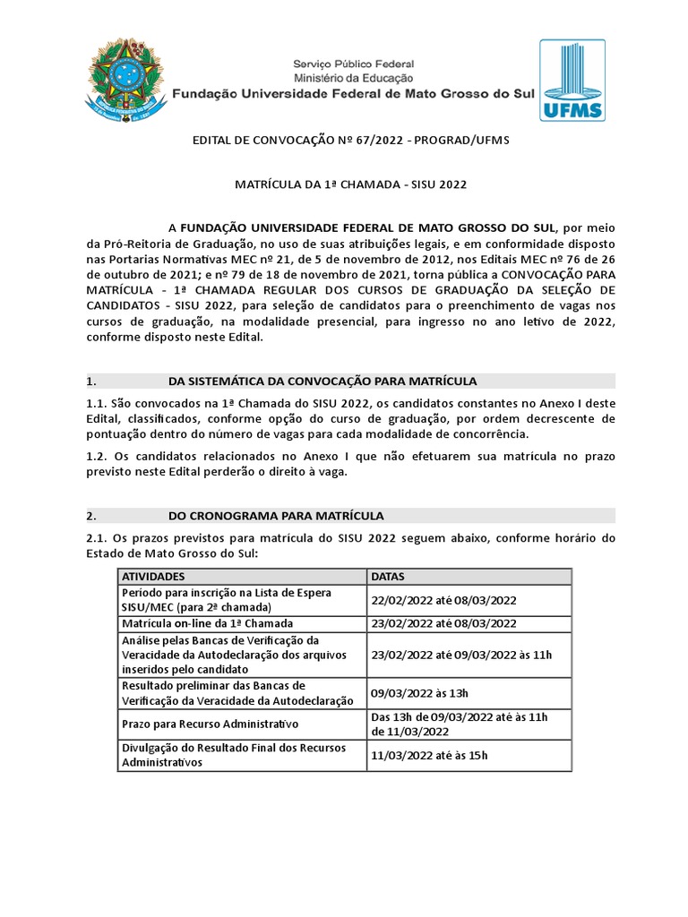 Edital de convocação para matrícula da 1a chamada do SISU 2022 na UFMS ...