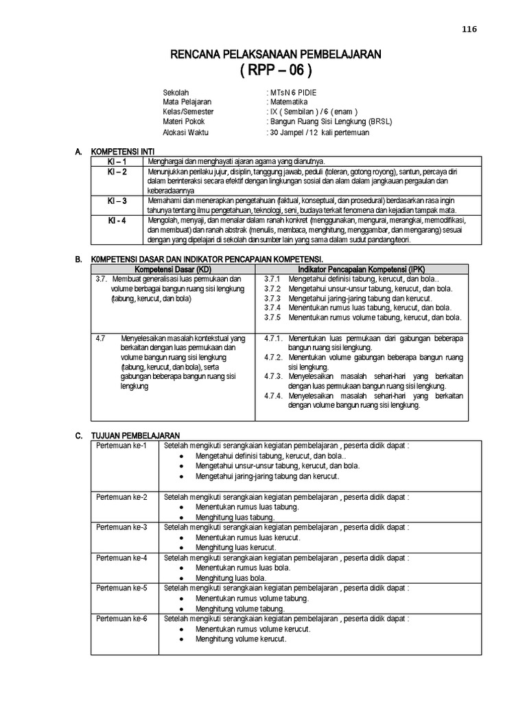 7f. RPP MTK PBL - 06 - BANGUN RUANG SISI LENGKUNG | PDF