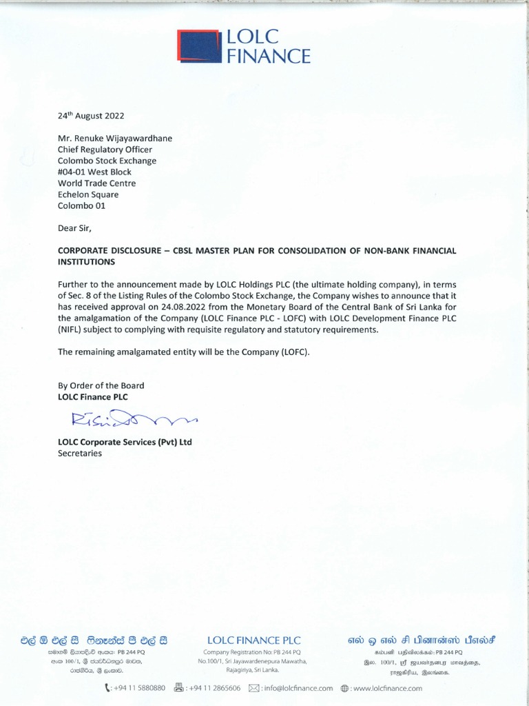 LOFC Disclosure - LOFC & LODF Amalgamation - 39516078343302 | PDF