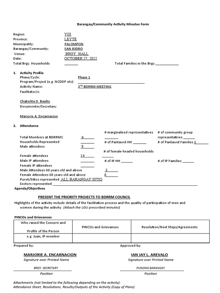 Barangay - Community Activity Minutes Form | PDF