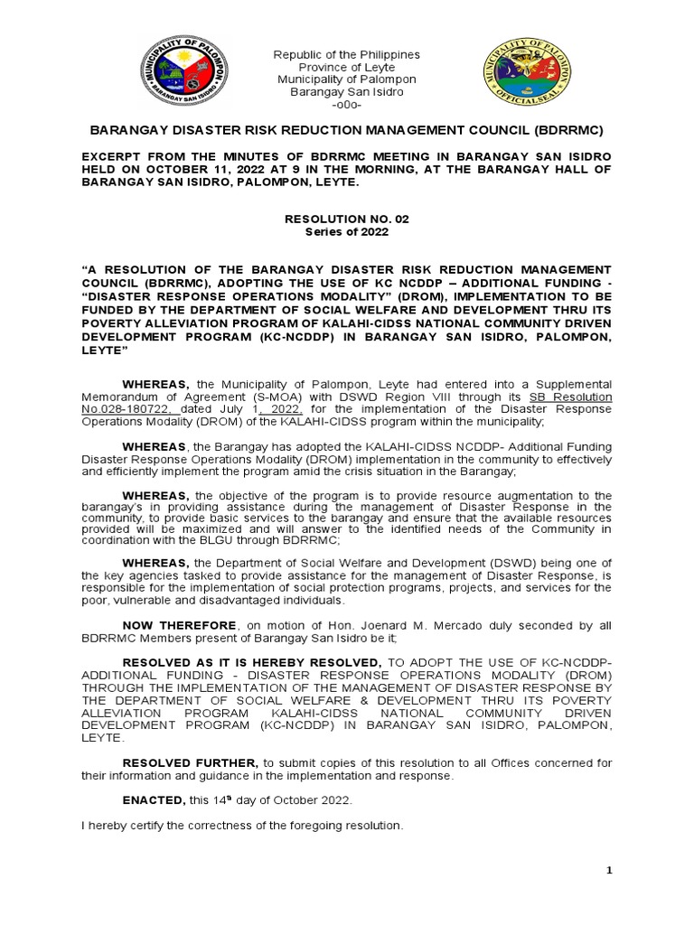 BDRRMC Resolution Adopting DROM Plan | PDF | Finance & Money Management ...