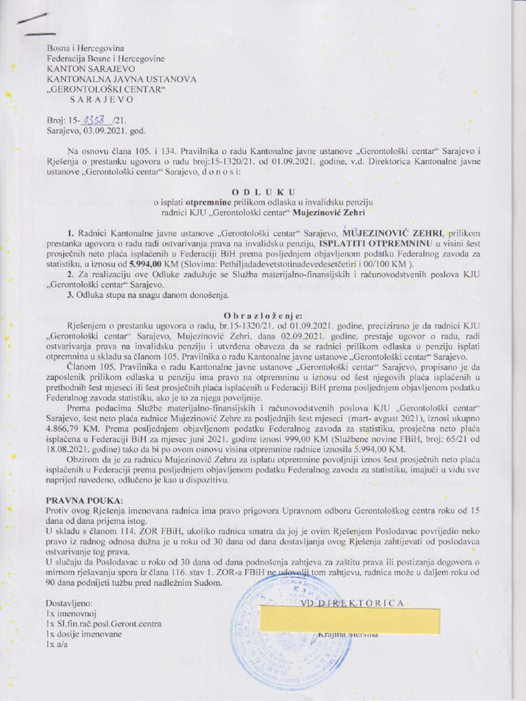 Odluka - Otpremnina | PDF