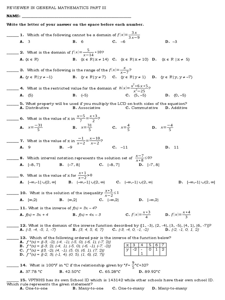 Reviewer in General Mathematics Part Iii | PDF | Function (Mathematics) | Mathematical Concepts