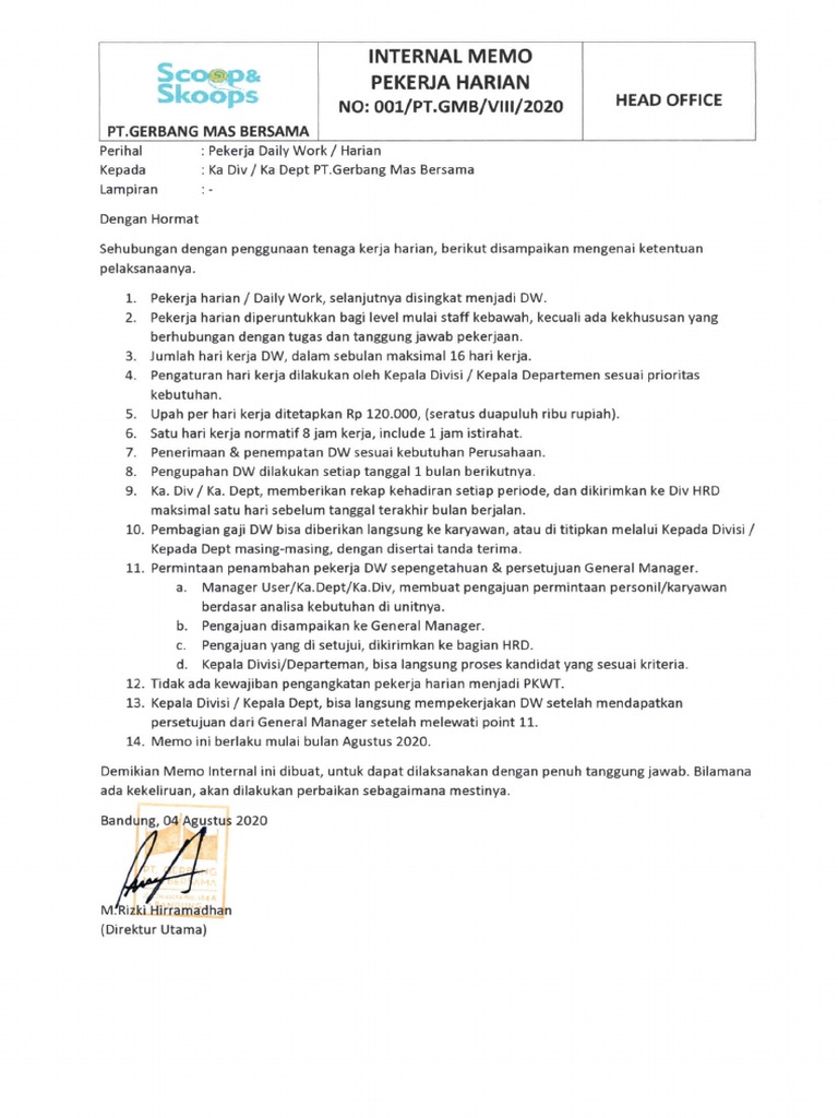 Memo Internal Daily Work | PDF