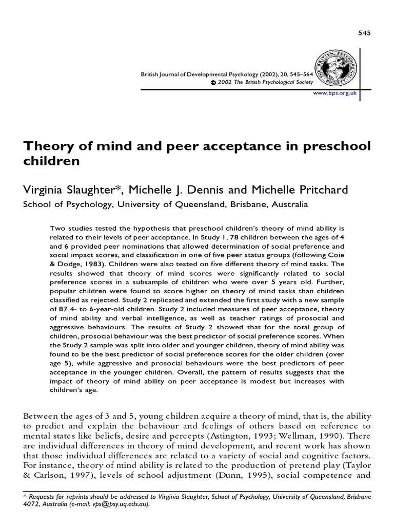 Theory of Mind and Peer Acceptance in Preschool | PDF