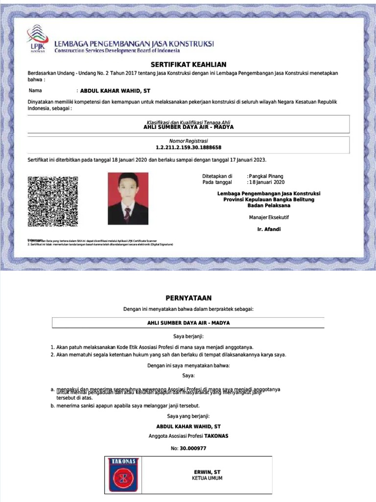 PDF Sertifikat Keahlian Abdul Kahar Wahid ST - Compress | PDF
