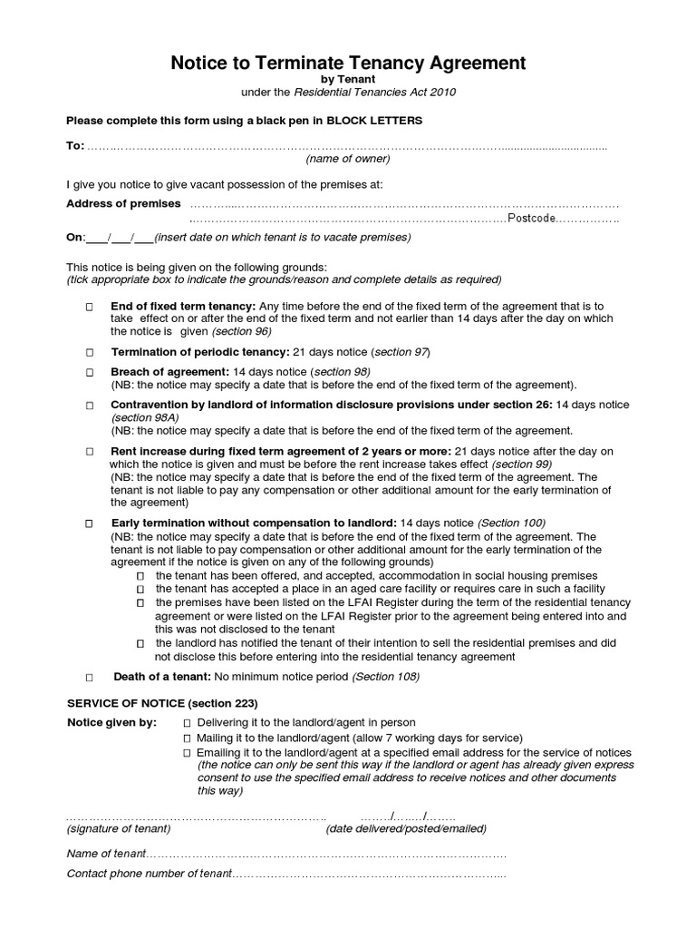 Notice To Terminate Tenancy Agreement by Tenants | PDF