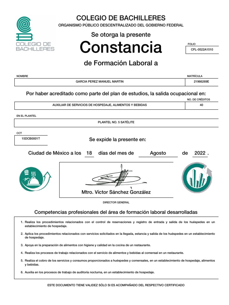 Constancia: Colegio de Bachilleres | PDF