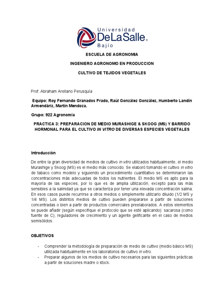 Preparación de Medio MS y Hormonas | PDF | Química