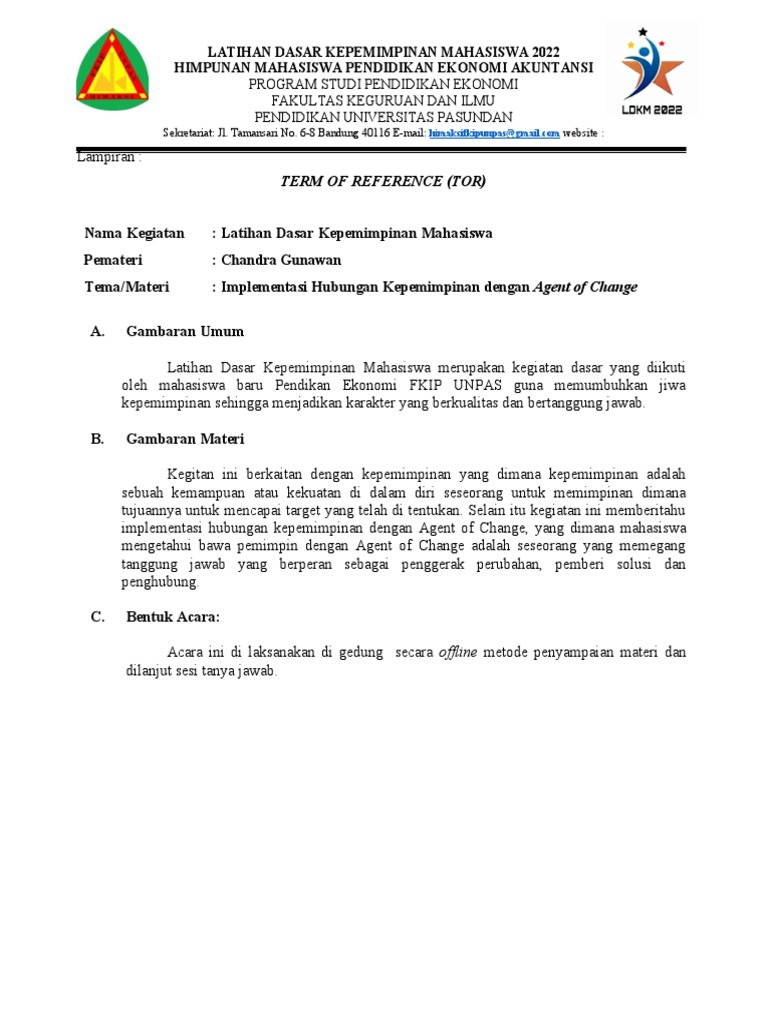 TOR LDKM 2022 Implementasi Hubungan Kepemimpinan Dengan Agent of Change | PDF