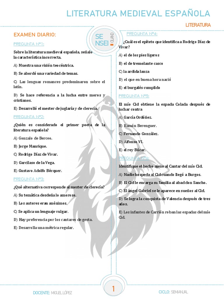 Examen PDF ED - 6 Literatura Medieval Española Literatura Semianual ...